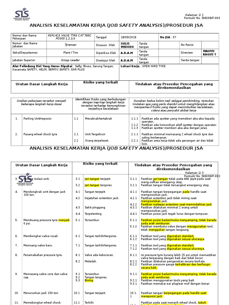 JSA Replace Valve Tyre Cat 785 #1,2,3,6 Wahyu Bagus | PDF