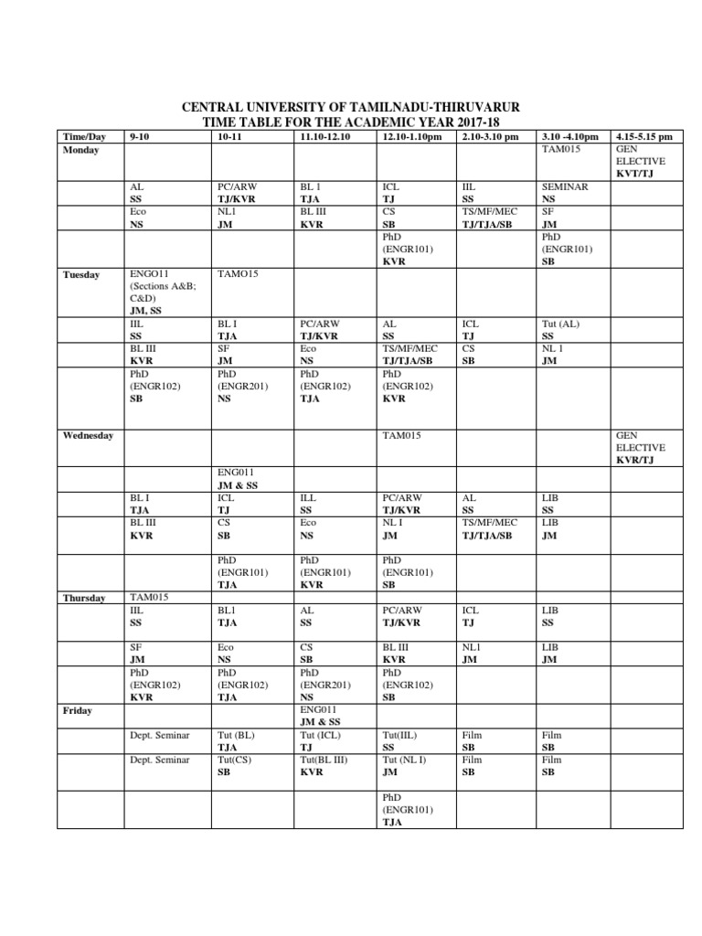 Time Table For The Academic Year 2017-18 | PDF
