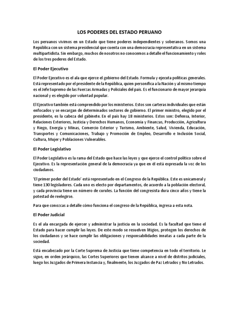 Los Poderes Del Estado Peruano | PDF | Separación de poderes | Estado ...
