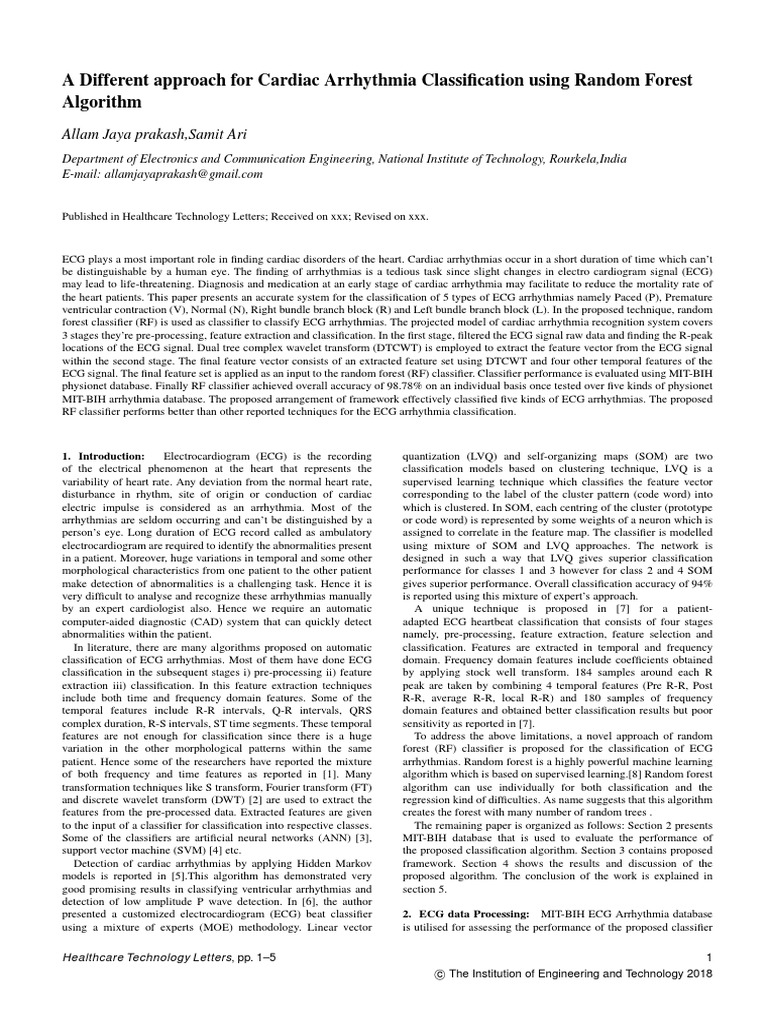 A Different Approach For Cardiac Arrhythmia Classification Using Random Forest Algorithm | PDF ...