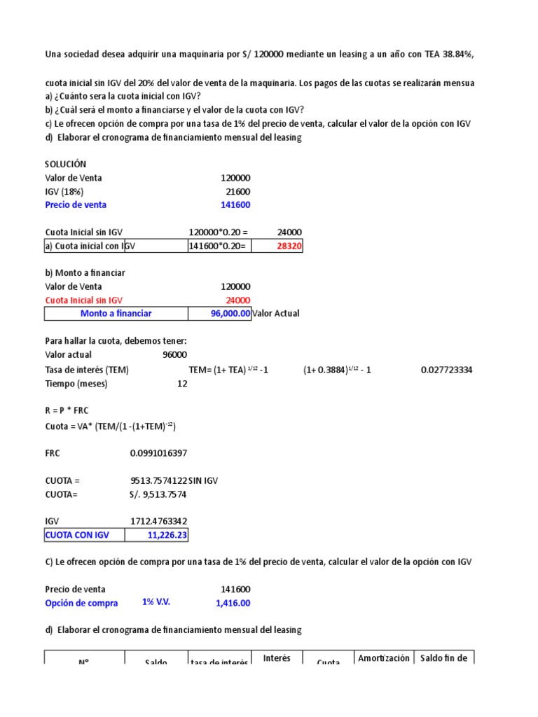 Ejercicio Leasing | PDF | Arrendamiento | Derecho inmobiliario