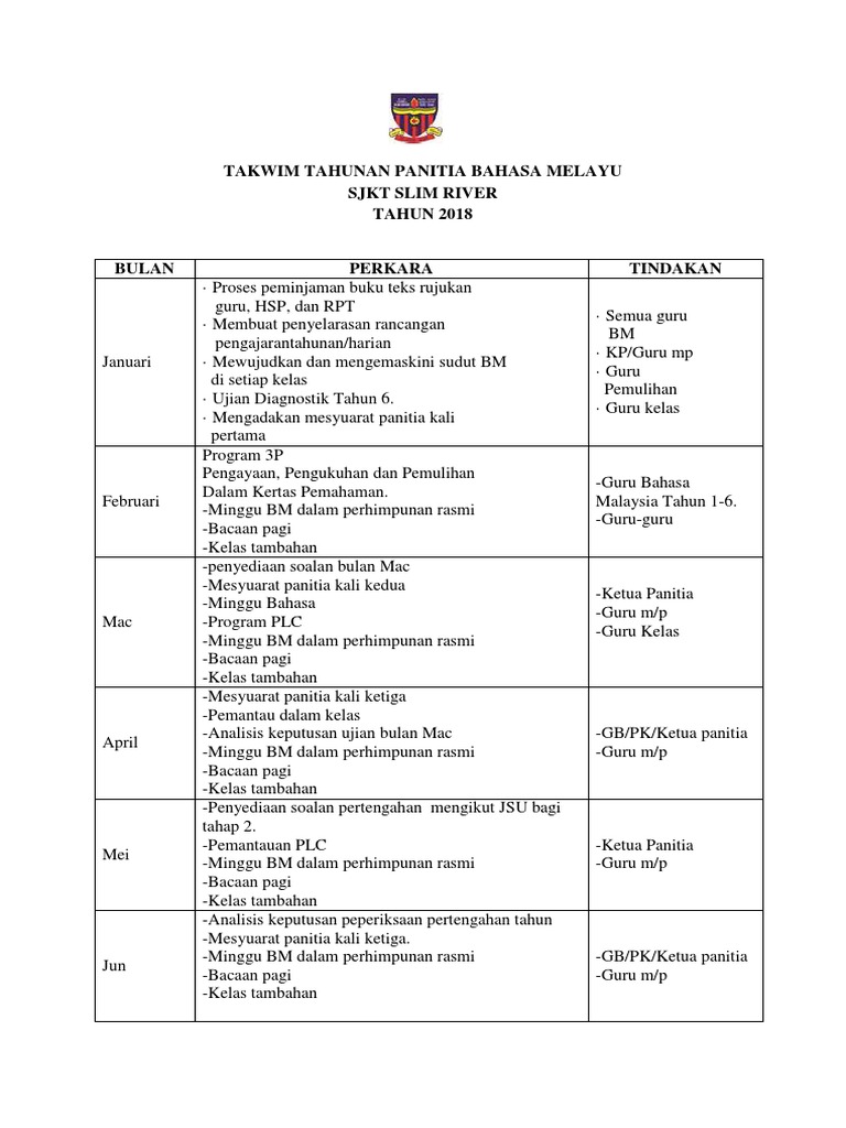 Takwim Tahunan Panitia Bahasa Melayu | PDF