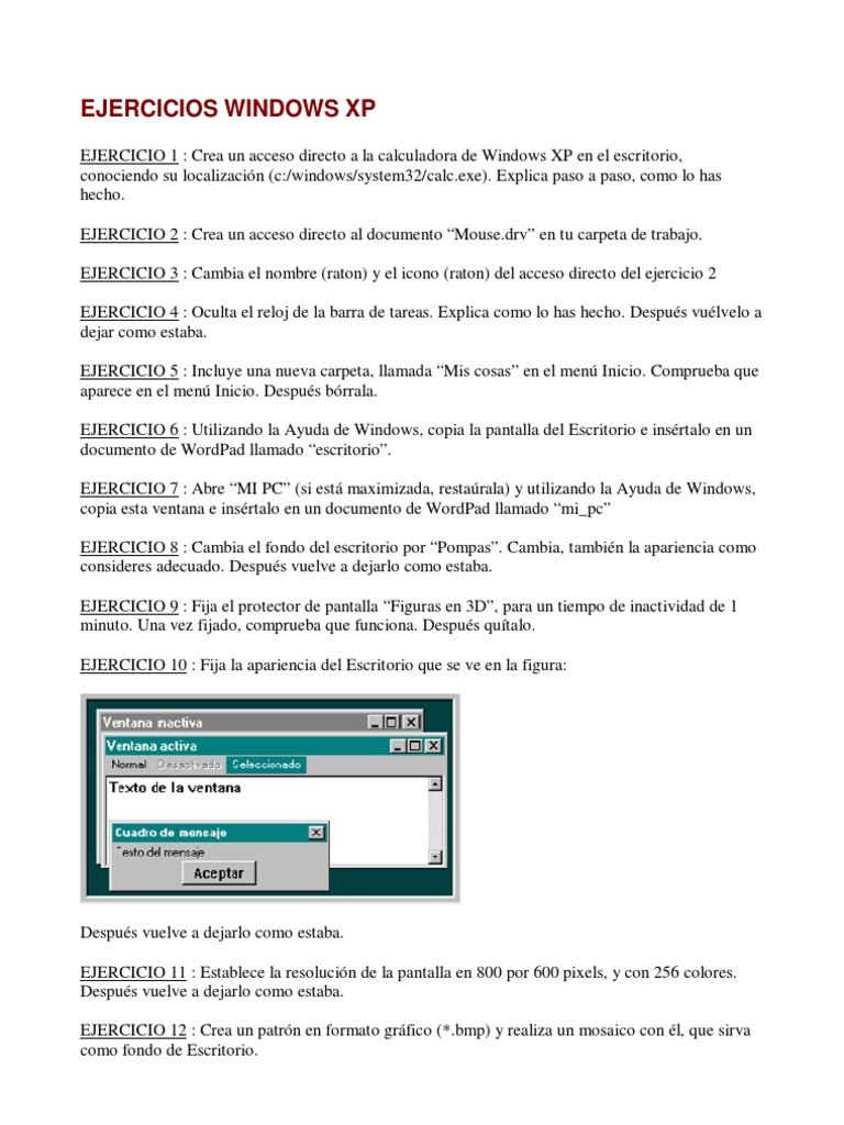 Ejercicios Windows XP Repaso | PDF | Archivo de computadora | Microsoft Windows