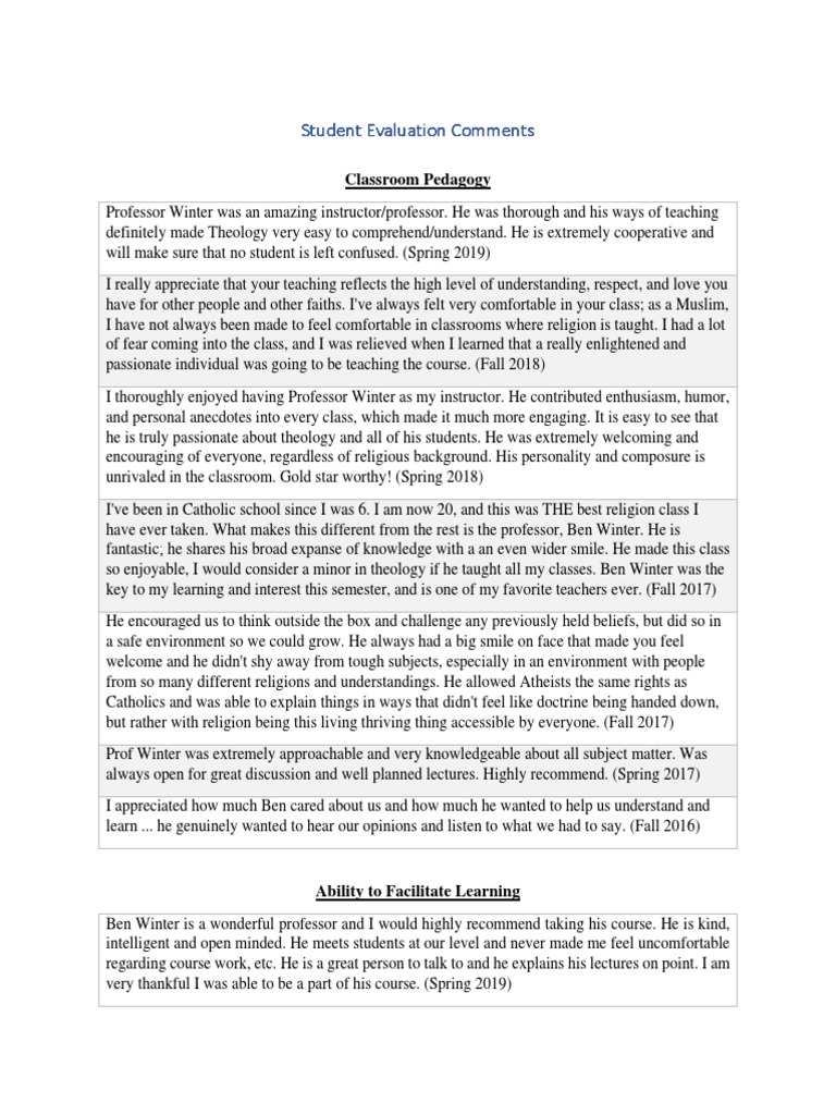 Effective Student Evaluation Comments | PDF | Teachers | Theology