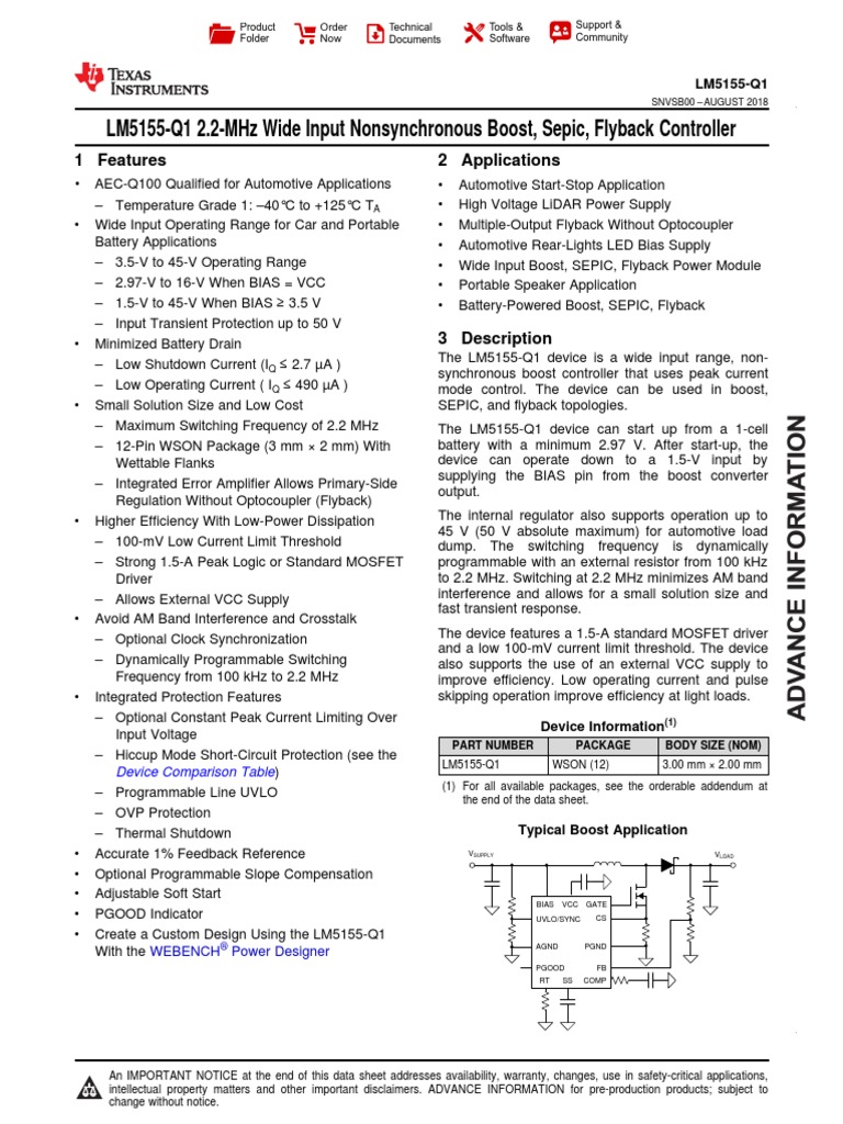 Lm5155-Q1 2.2-Mhz Wide Input Nonsynchronous Boost, Sepic, Flyback ...