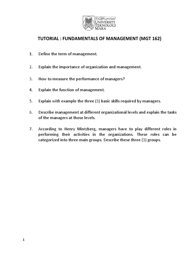 Tutorial: Fundamentals of Management (MGT 162) | PDF
