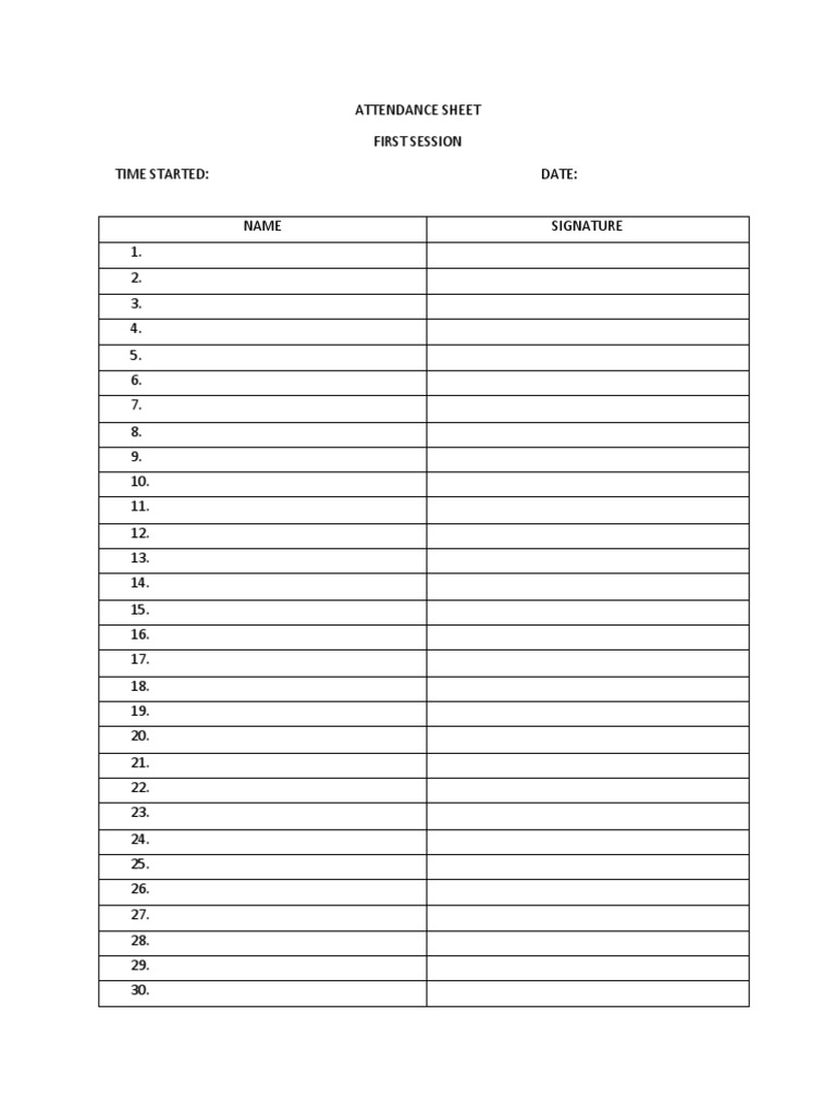 Attendance Sheet First Session Time Started: Date | PDF