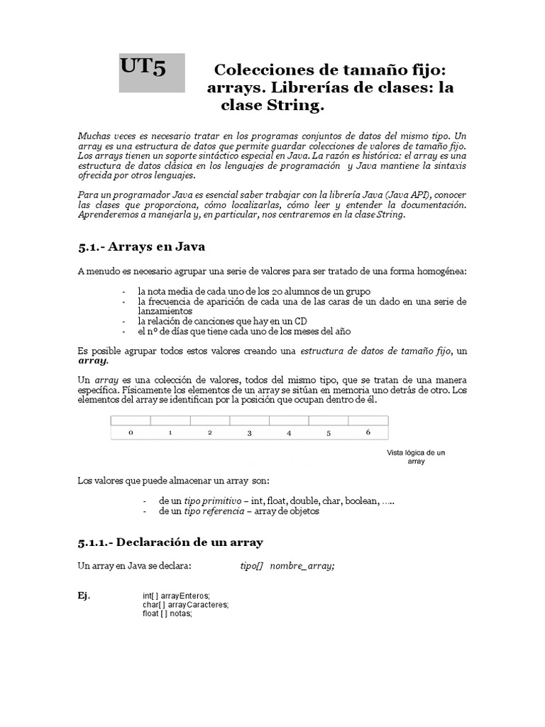 UT5 Colecciones de Tamaño Fijo Arrays Librería de Clases | PDF | Java ...