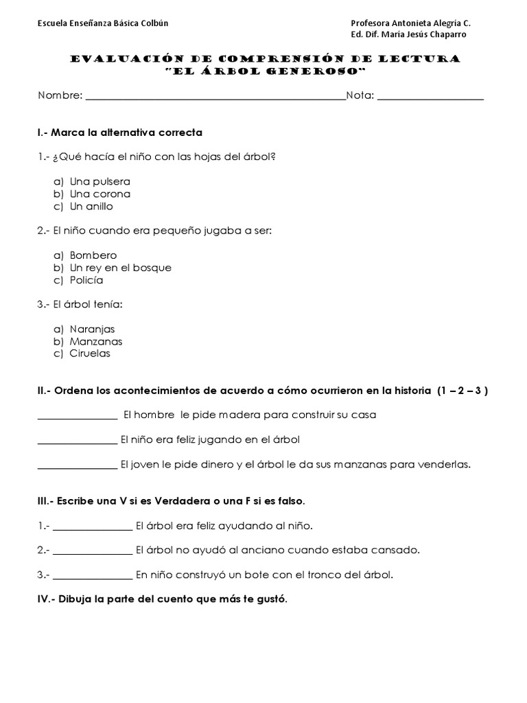 Comprension de Lectura El Arbol Generoso | PDF