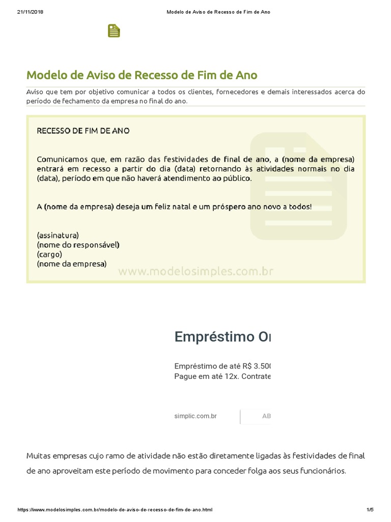 Modelo de Aviso de Recesso de Fim de Ano | PDF | Sindicato | Empréstimos