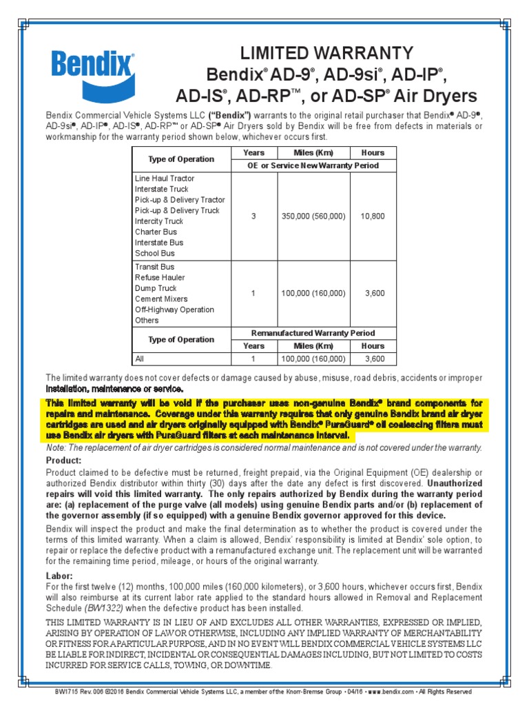 Limited Warranty Bendix AD-9, AD-9si, Ad-Ip, Ad-Is, Ad-Rp, or AD-SP Air ...