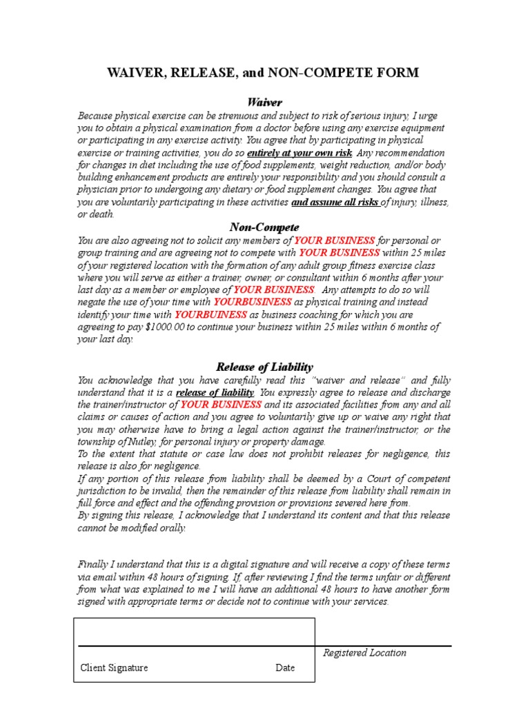 Waiver, Release, and Non-Compete Form | PDF | Personal Trainer ...