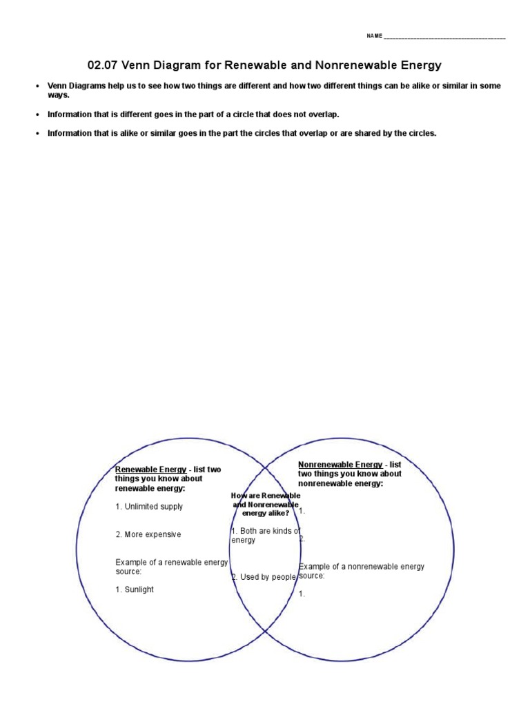 02.07 Venn Diagram For Renewable and Nonrenewable Energy: Ways | PDF