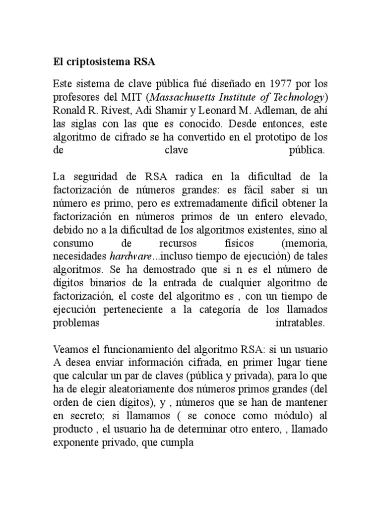 El Criptosistema RSA | PDF | Número primo | Clave (criptografía)