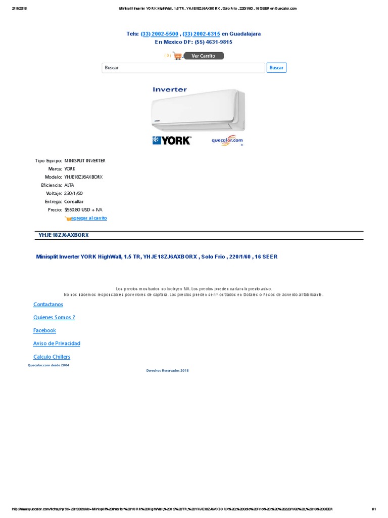 Minisplit Inverter YORK HighWall, 1.5 TR, YHJE18ZJ6AXBORX, Solo Frio ...