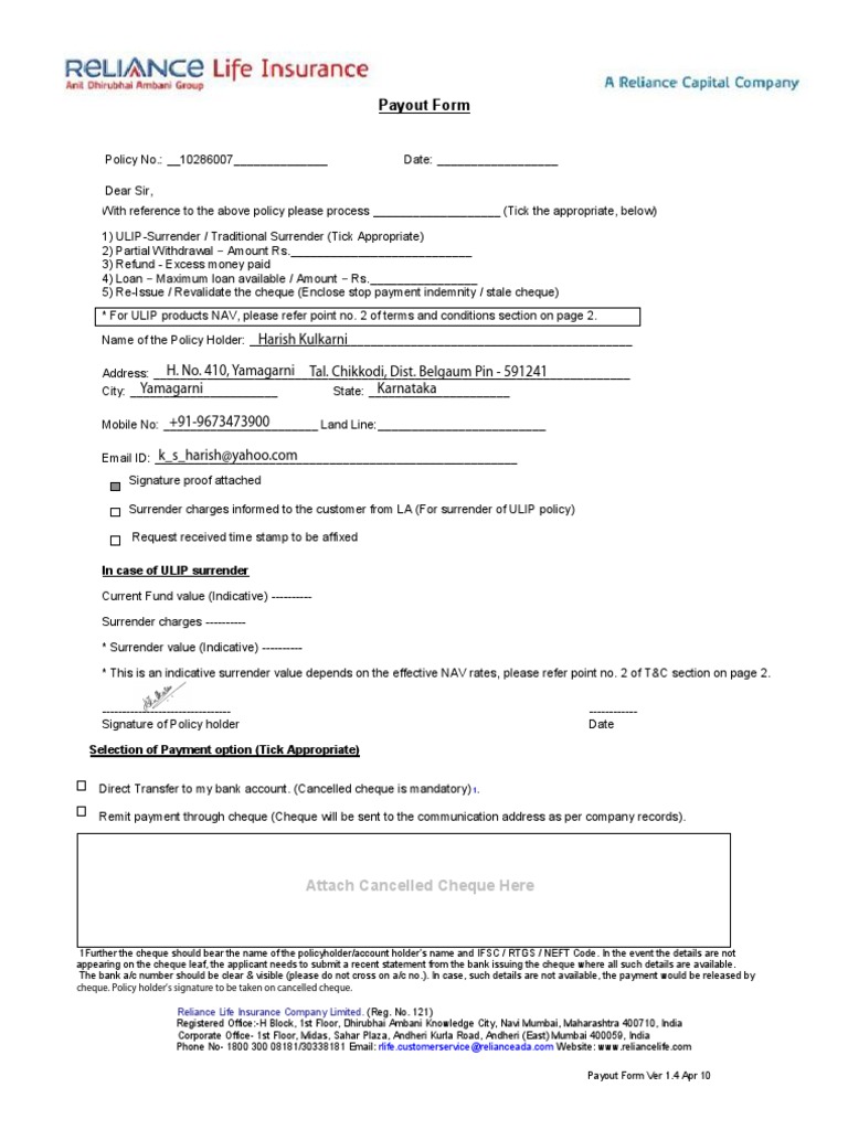 Payout Form1 | PDF | Cheque | Life Insurance
