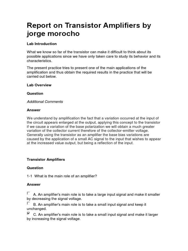 Report On Transistor Amplifiers by Jorge Morocho | PDF | Amplifier | Transistor