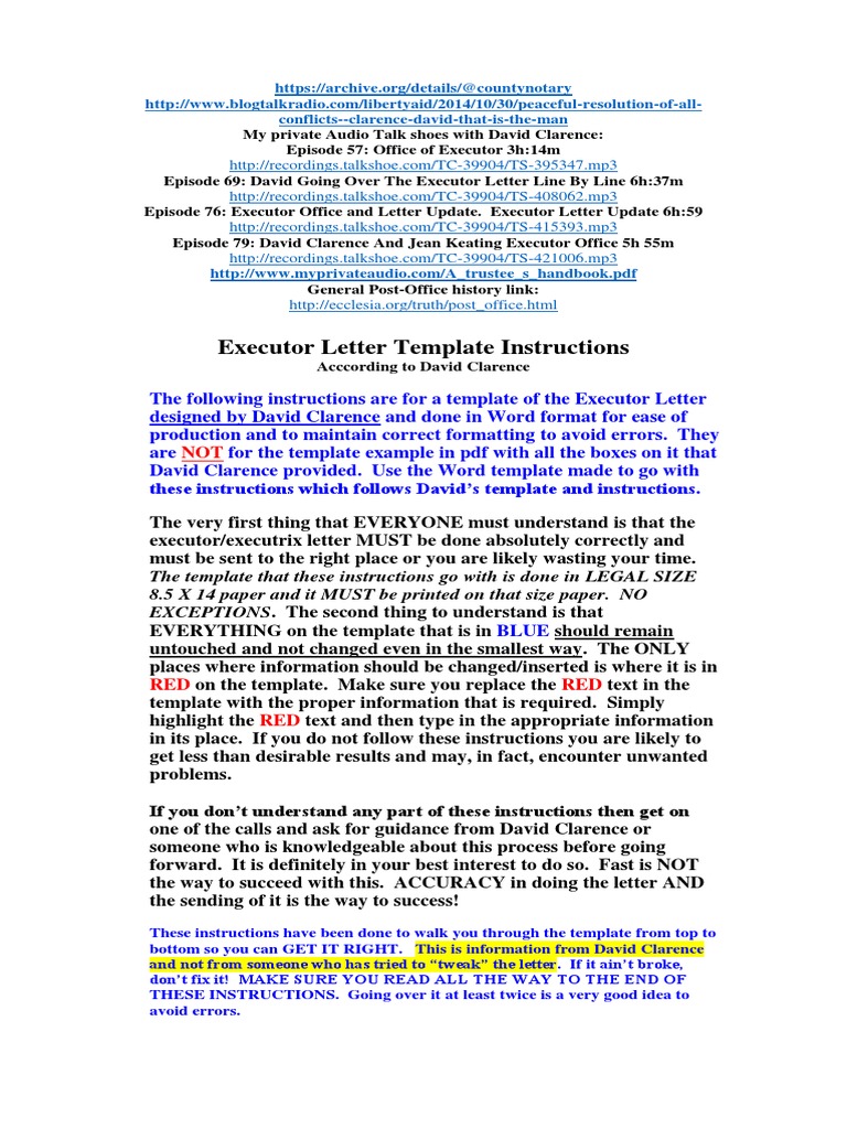 Executor - Letter - Instructions1 and Takshoe Links With David Clarence | PDF | Mail | Executor