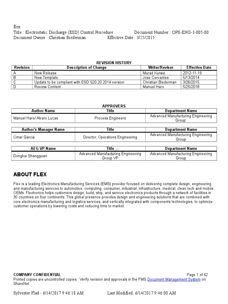 OPS-EnG-3-005-00 Electrostatic Discharge (ESD) Control Procedure Rev D ...