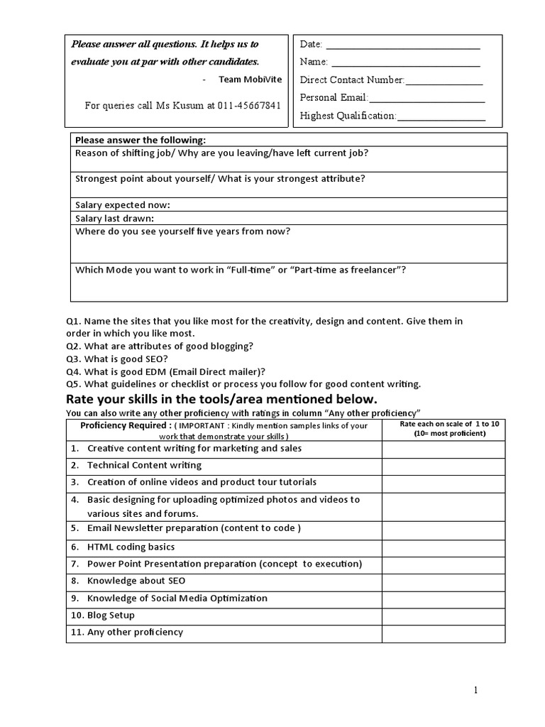 Job Application Questionnaire for MobiVite | PDF | Business | Computers