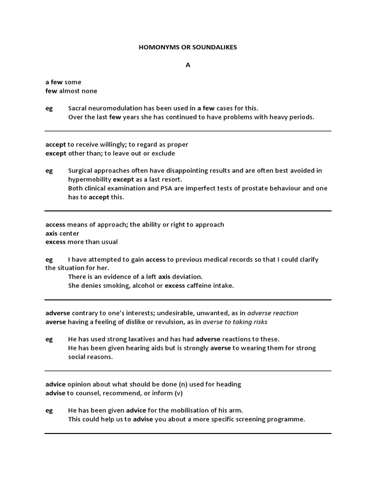 Medical Homonyms and Soundalikes Guide | PDF | Nocturnal Enuresis | Aphasia