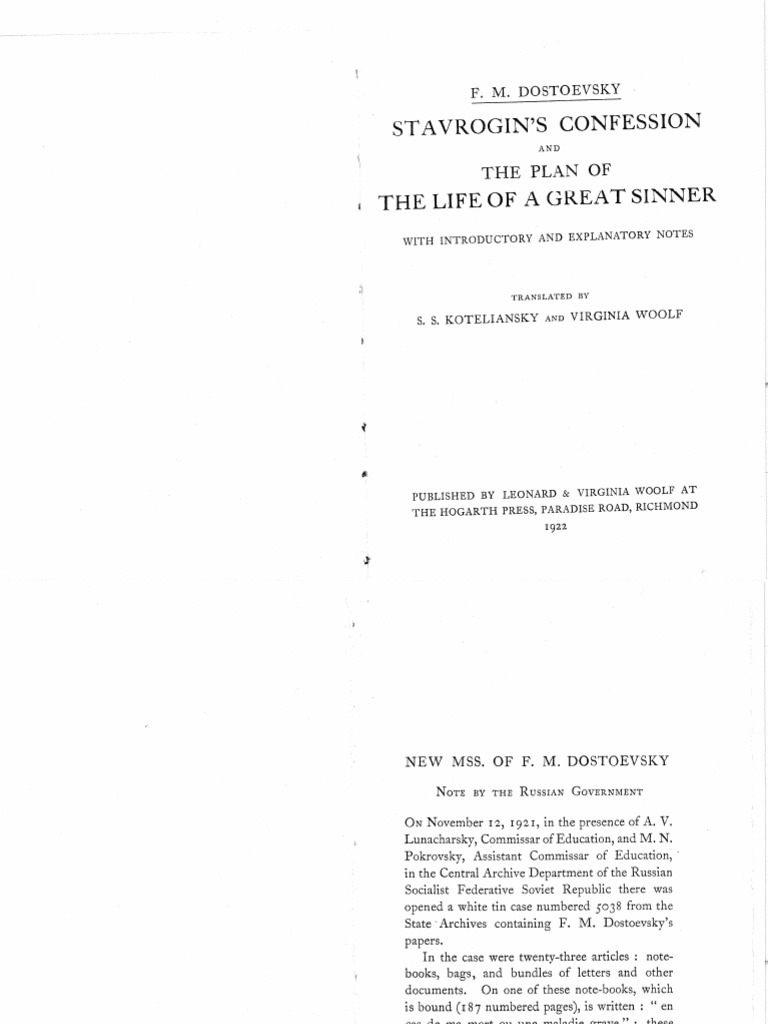 Stavrogin's Confession, The Life of A Great Sinner | PDF