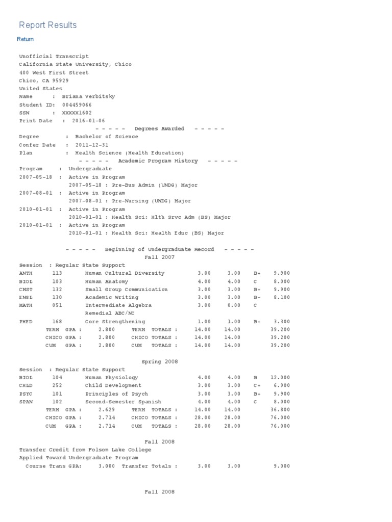 Briana Parish Unofficial Transcripts Csu Chico | PDF | Health Care