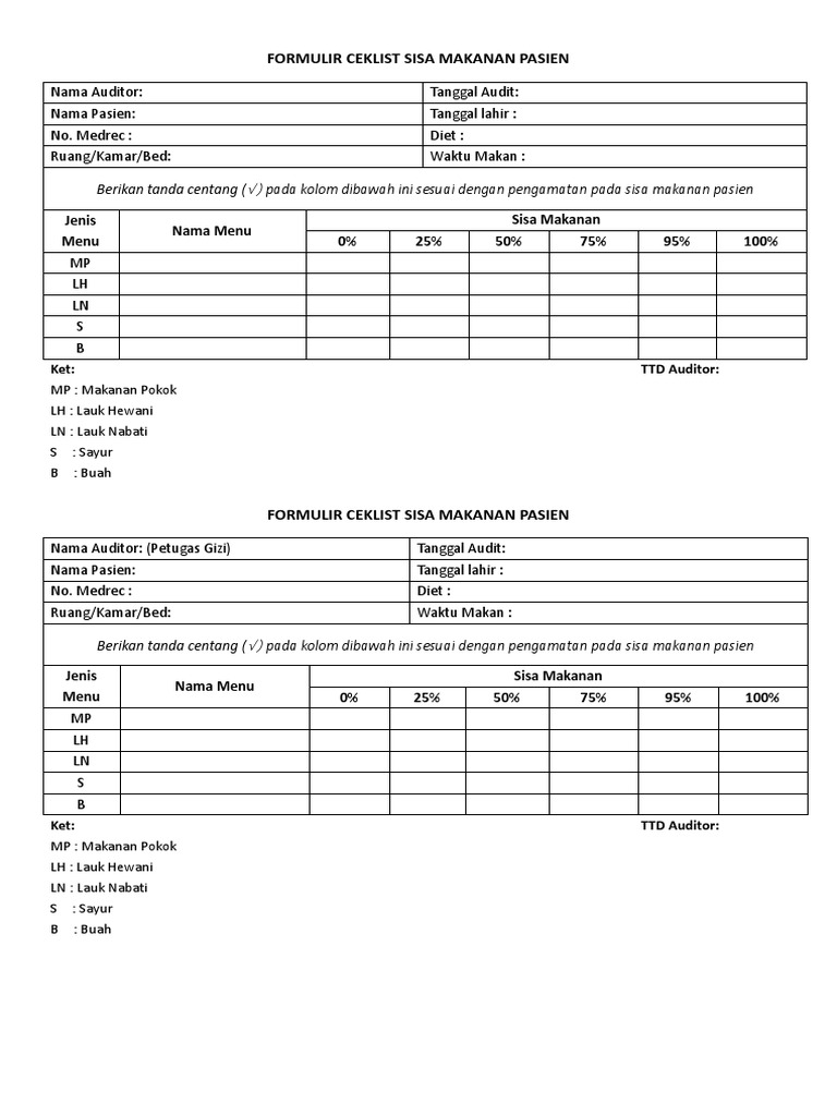 Formulir Ceklist Sisa Makanan Pasien | PDF