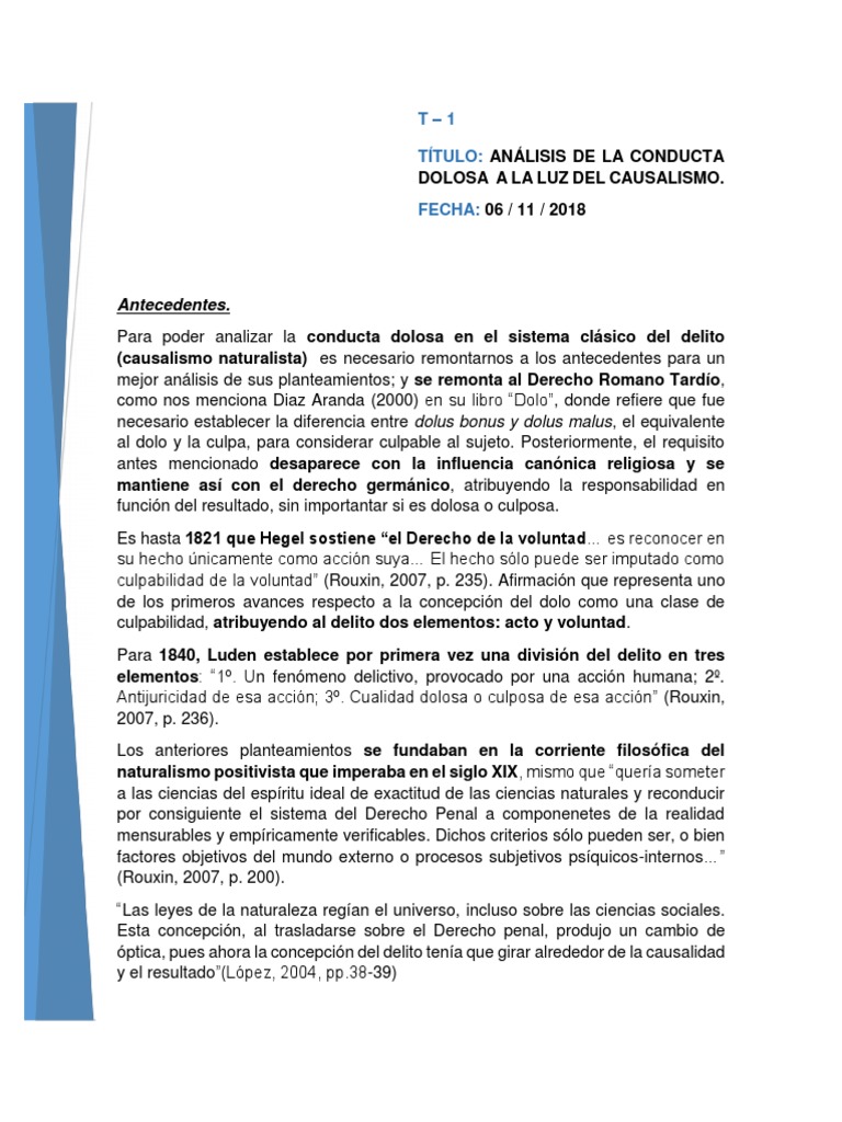 Análisis de Conducta Dolosa en Causalismo | PDF | Intención (Derecho ...