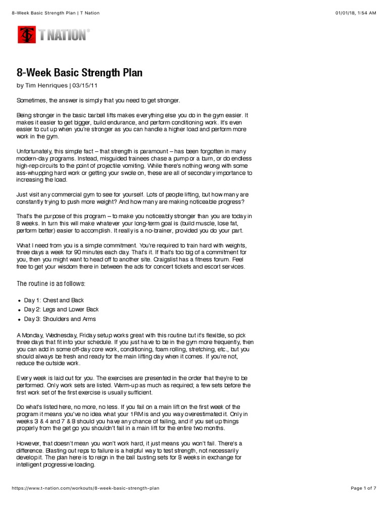 8-Week Basic Strength Plan: The Routine Is As Follows | PDF ...