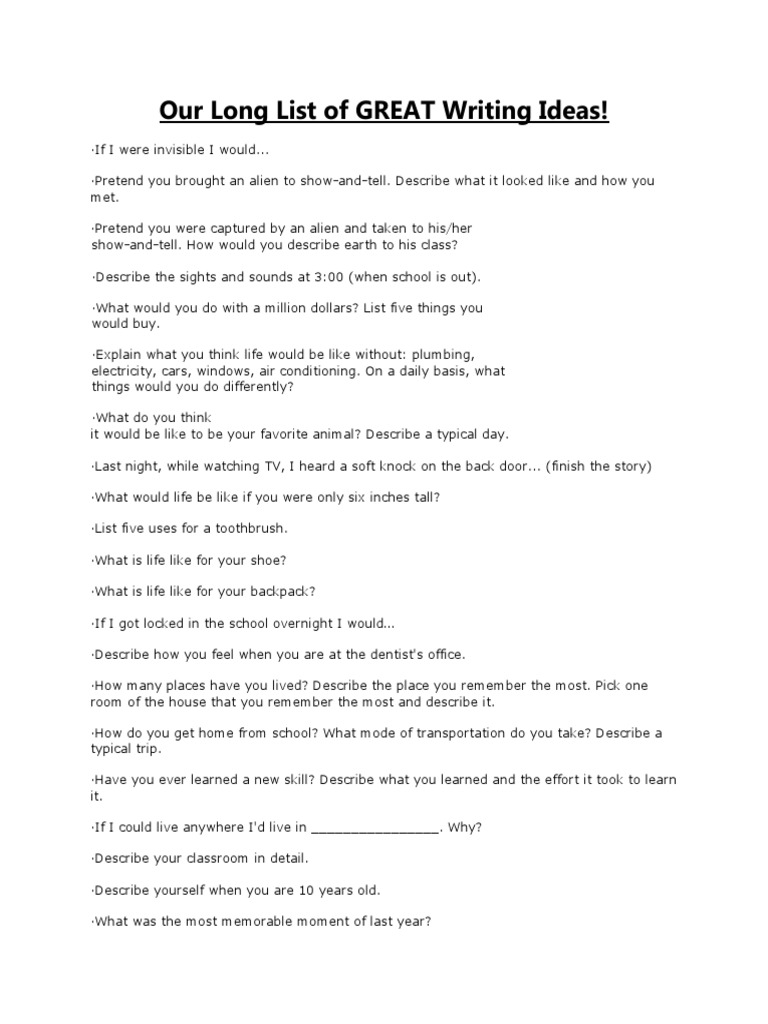 Our Long List of GREAT Writing Ideas | PDF | Language Arts & Discipline ...