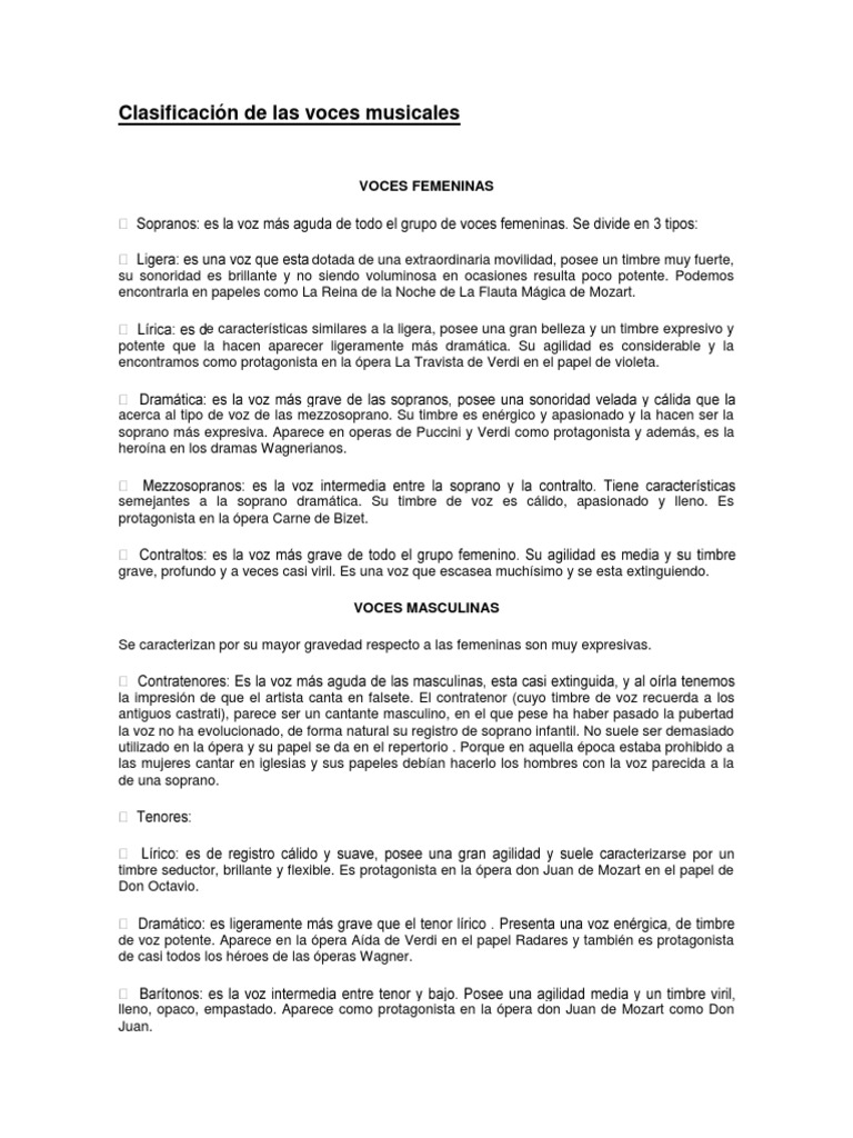 Clasificación de Las Voces Musicales | PDF | Ópera | Música vocal