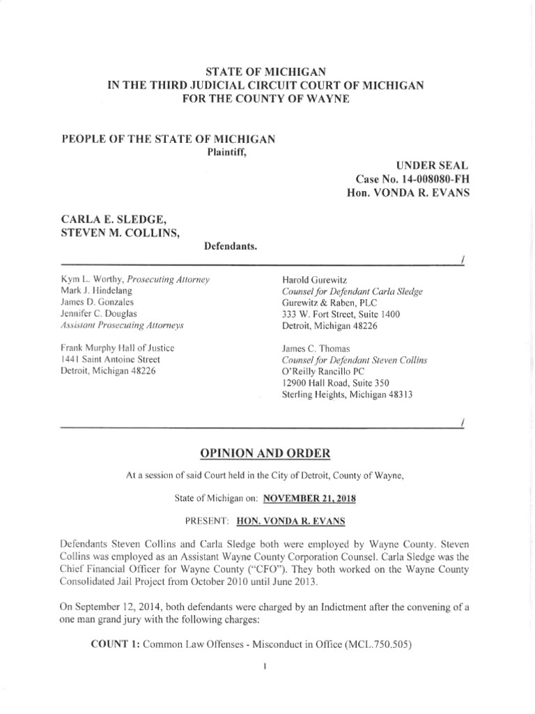 Order - People v. Carla Sledge and Steven Collins - Motion To Dismiss | PDF