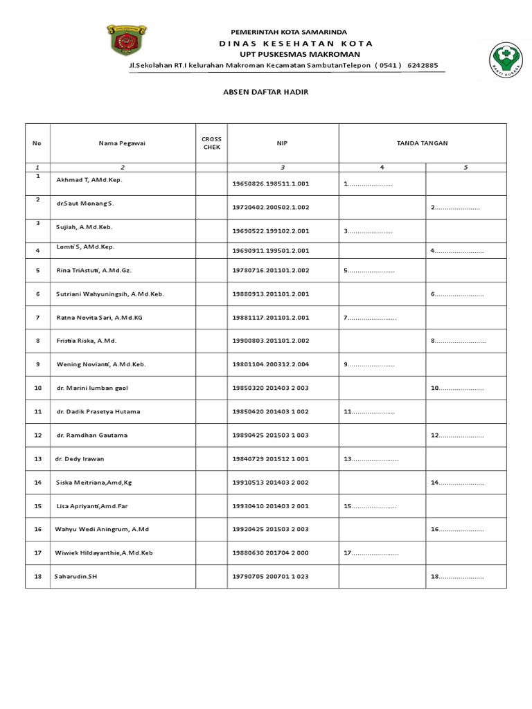 Daftar Hadir Absen PNS | PDF