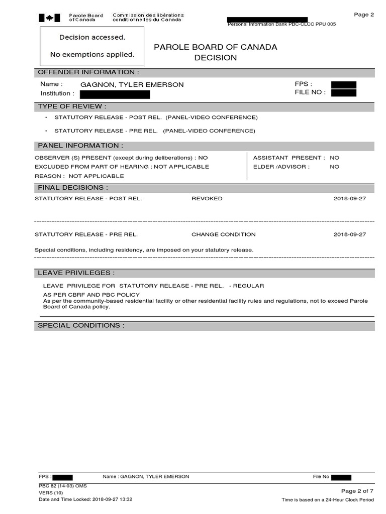 Parole Board of Canada Decision On Tyler Gagnon | PDF | Robbery ...