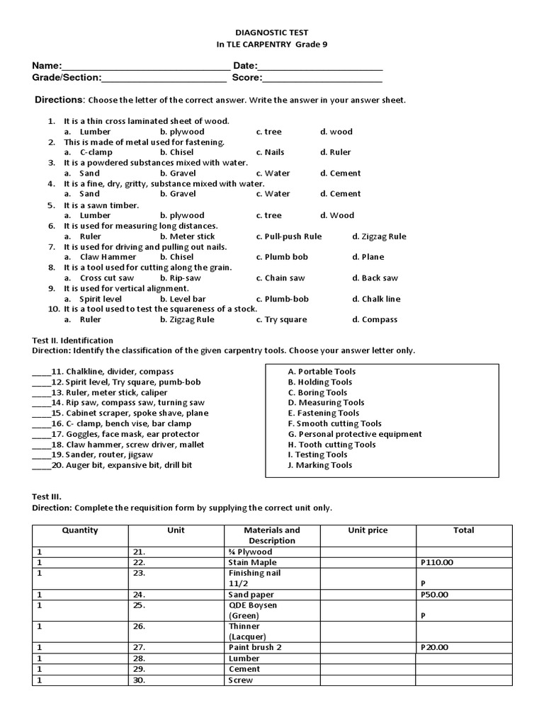 Diagnostic Test Carpentry | Lumber | Wood