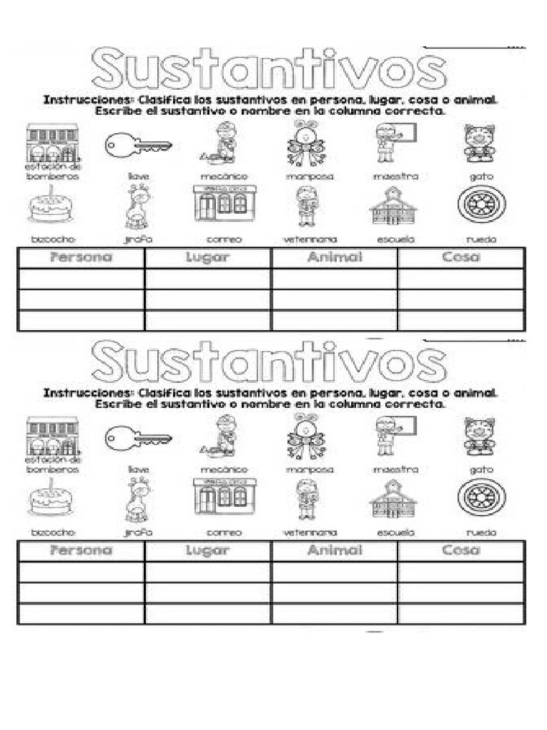 Hoja De Trabajo De Sustantivos Persona Lugar Cosa Sustantivos Propios