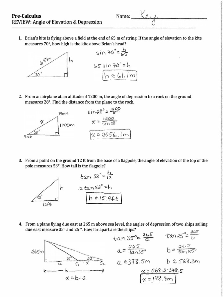 Angle of Elevation and Depression Review-Solutions | PDF | Earth ...