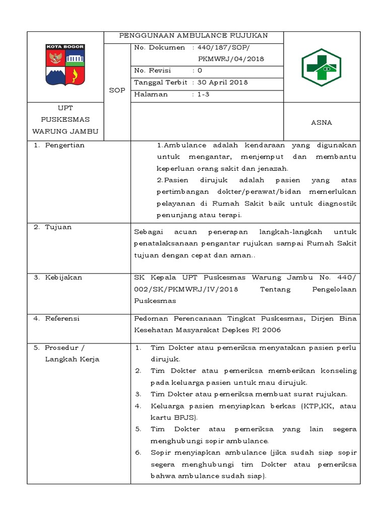 SOP Penggunaan Ambulance | PDF | Kesehatan Holistik