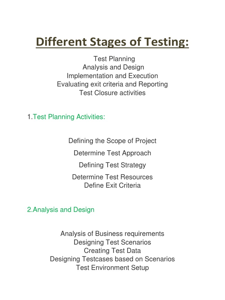 Different Stages of Testing:: Test Planning Activities | PDF