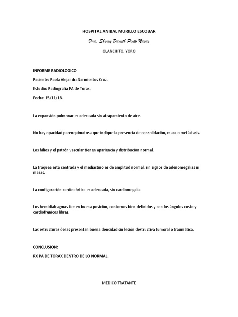 modelo de un informe radiológico de una rx pa de torax normal
