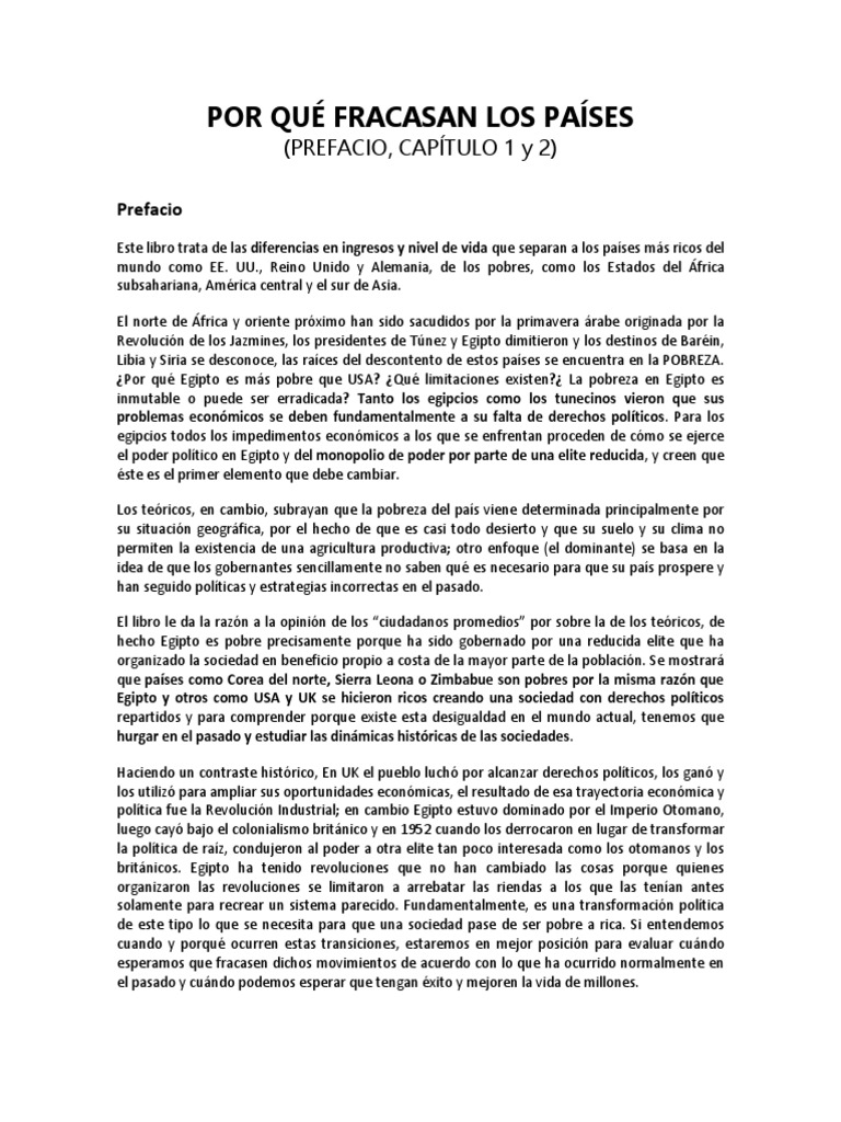 Resumen de Por Qué Fracasan Los Países. Prefacio y Capítulo 1 y 2. Acemoglu y Robinson | PDF ...