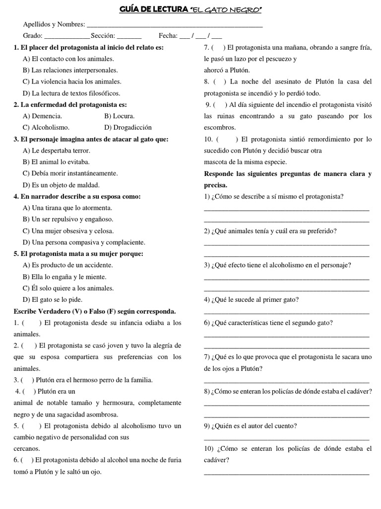 Guía de lectura: El gato negro | PDF | Gatos | Ocio
