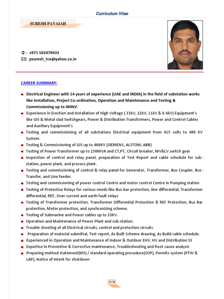 CV Suresh Pavaiah Electrical Commissioning Engineer | PDF | Electrical ...