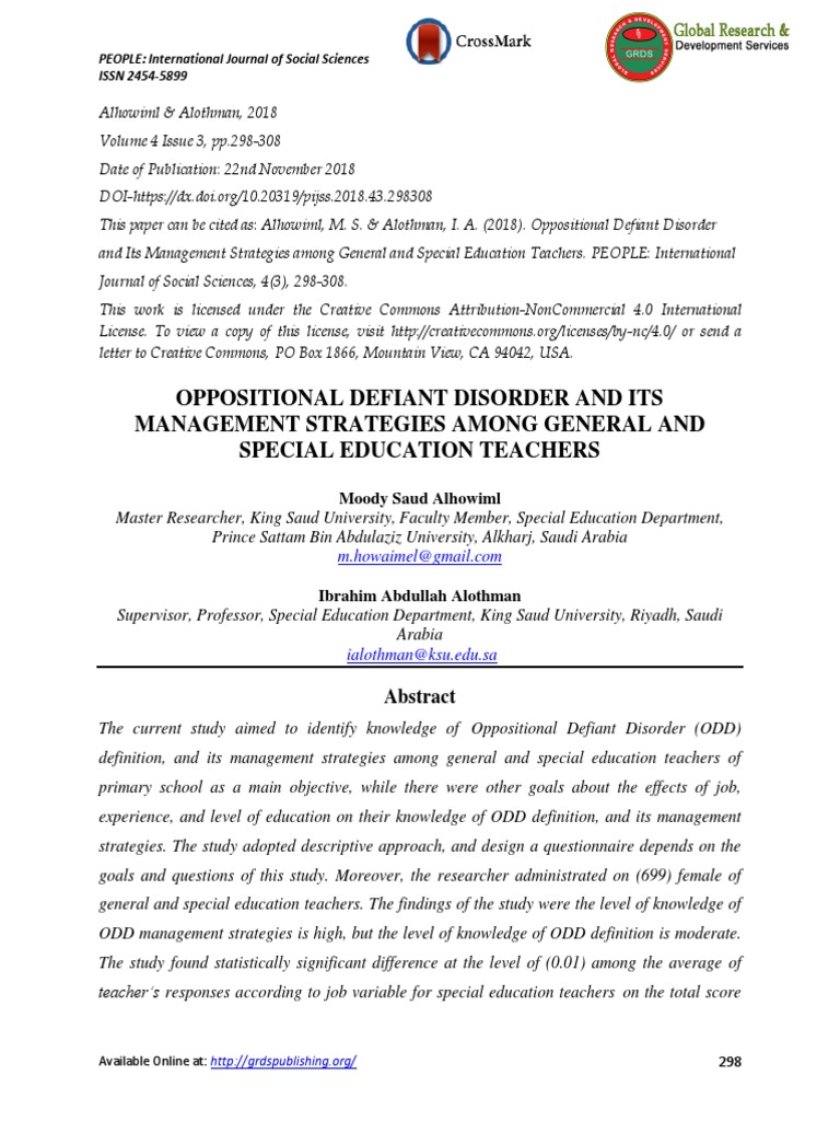 Oppositional Defiant Disorder and Its Management Strategies Among ...