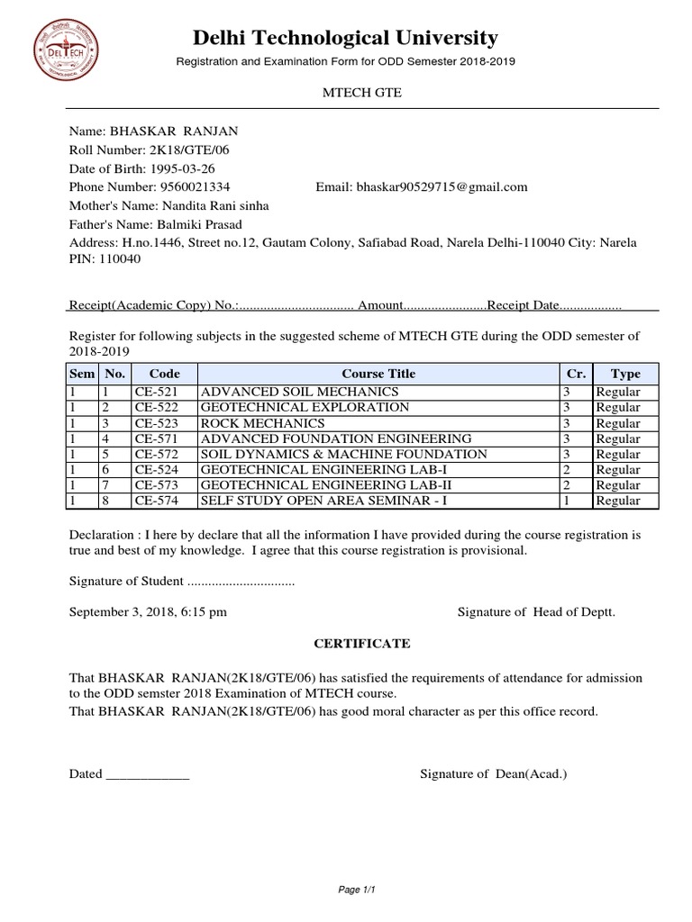DTU MTech registration form | PDF | Academia | Behavior Modification