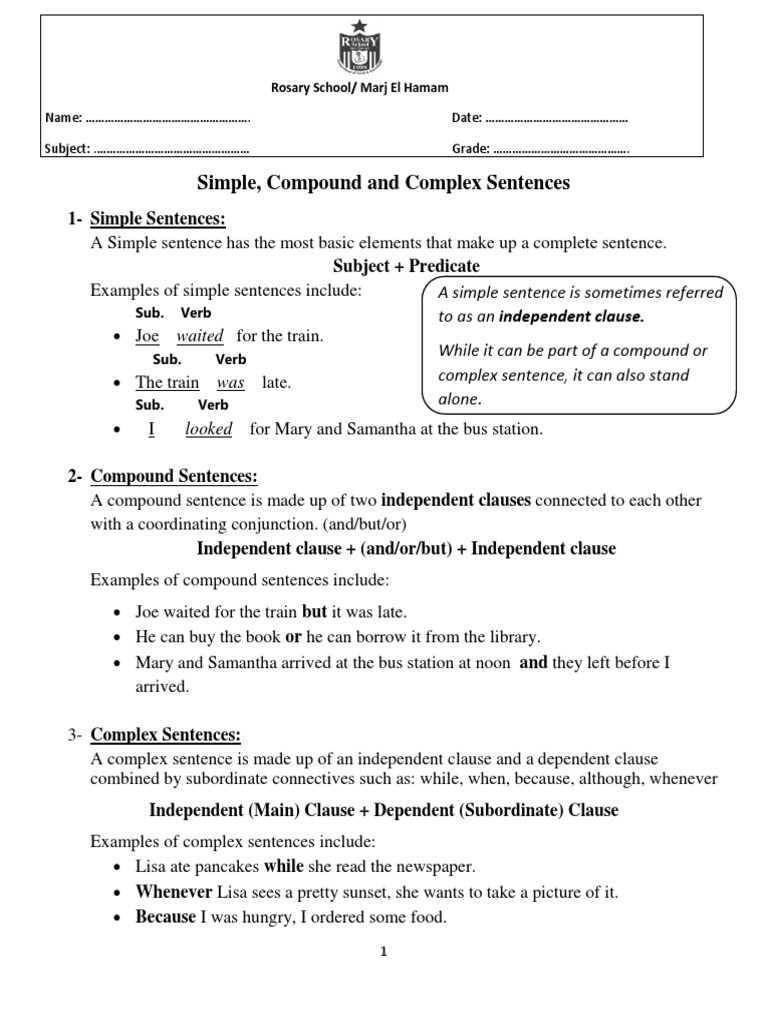 Simple, Compound, and Complex Sentences Guide | PDF | Clause | Sentence ...