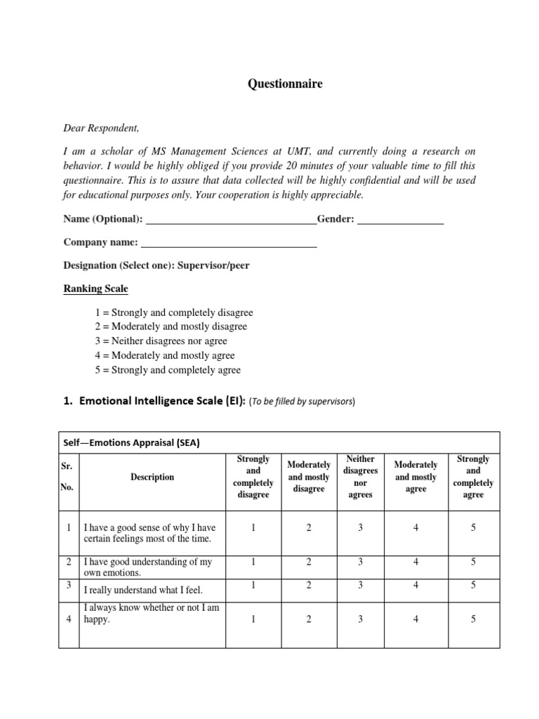 Questionnaire | Emotional Intelligence | Behavior Modification