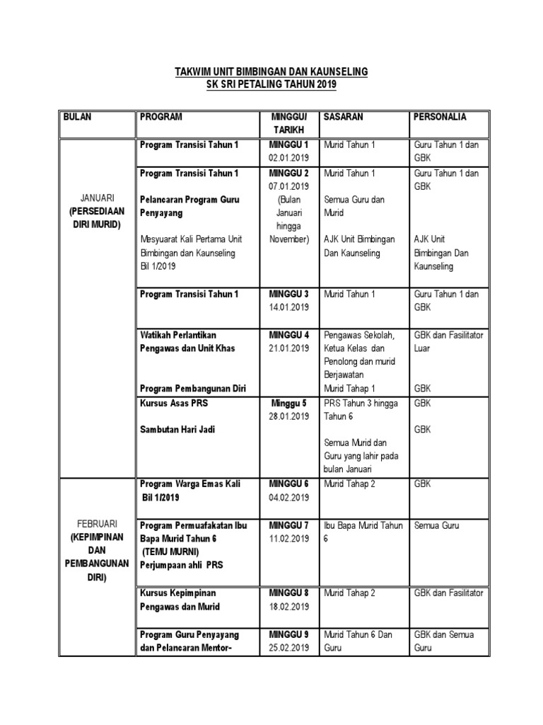 Takwim Unit Bimbingan Dan Kaunseling 2019 | PDF