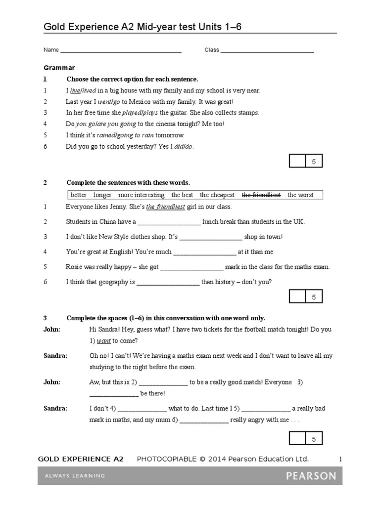 Gold Experience A2 Mid-Year Test Units 1-6: Name Class | PDF | Test ...
